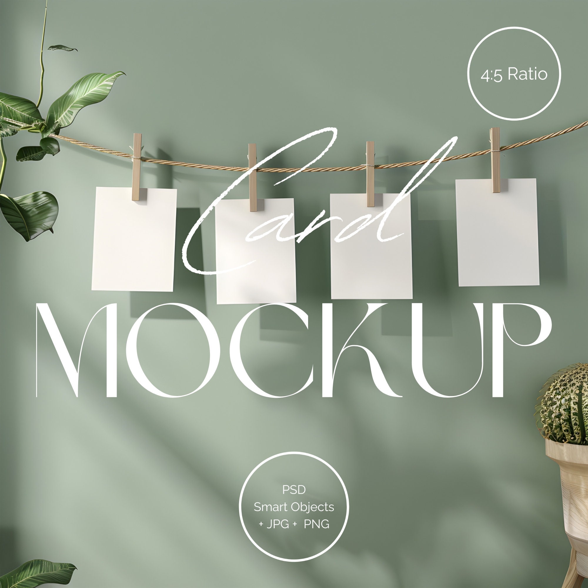 Sage Green Hanging Cards on Pegs Mockup Cards on Clothes Pegs Hanging ...