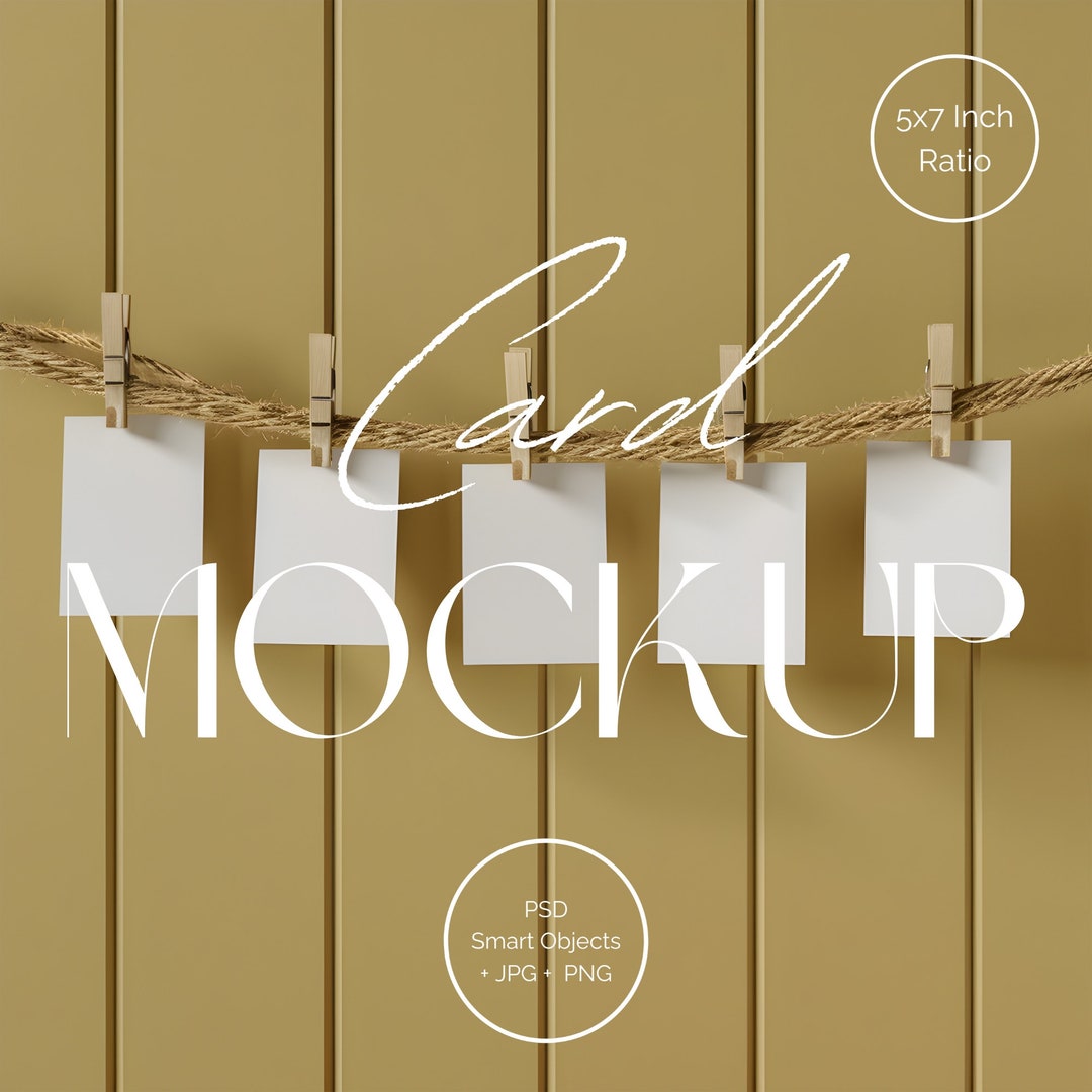Cards on Pegs Mockup Mustard Yellow Mockup Five Cards Mockup Hanging ...