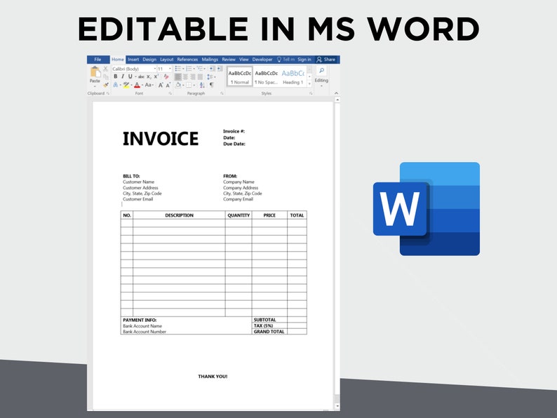 Invoice Template Word/excel. Business Invoice. Editable Invoice. Custom ...
