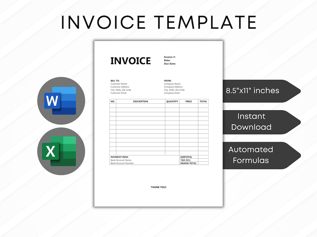 Plantilla de factura Word/Excel. Factura comercial. Factura editable. Factura personalizada ...