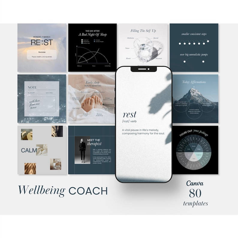 Wellbeing Coach Social Media Canva Template, 80 Post Templates (digital ...