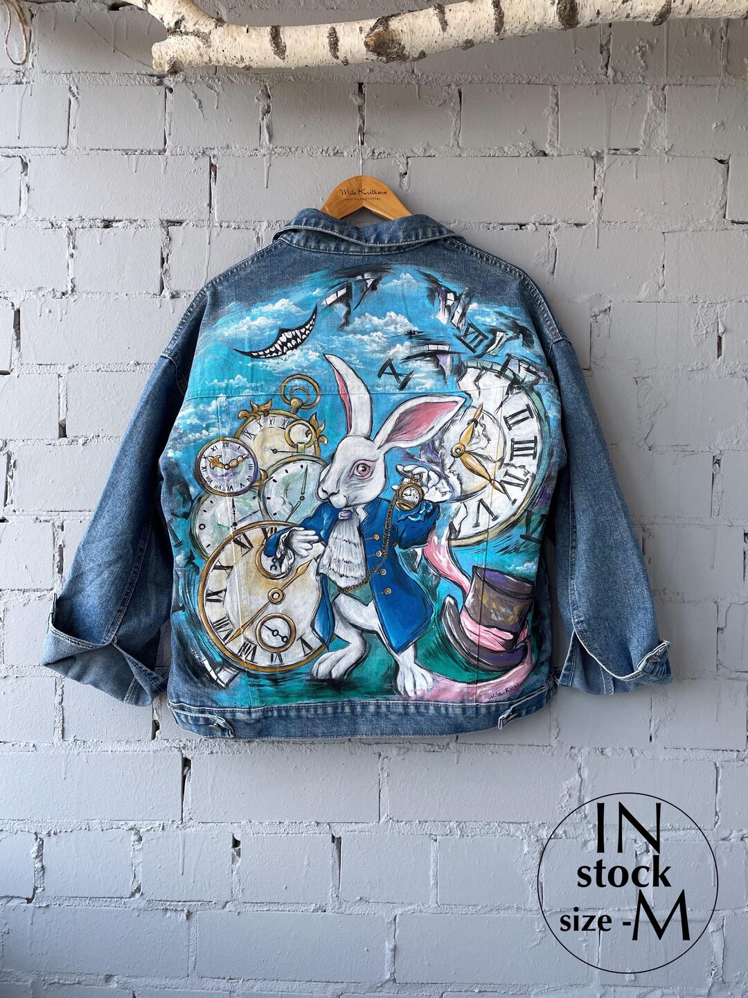 White Rabbit Jean Jacket, Custom Hand Painted Alice in Wonderland ...