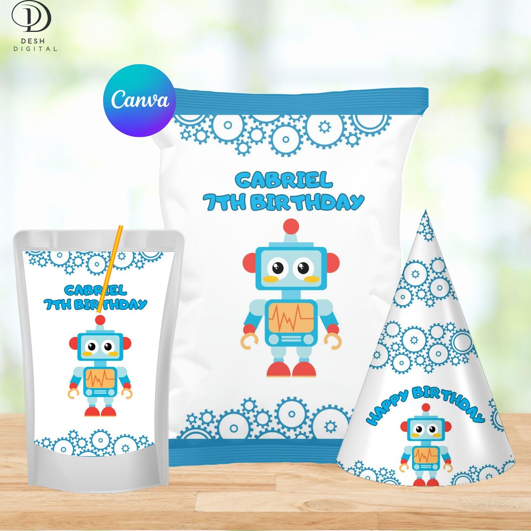 Robot Birthday Party Favors Bundle, Printable Robot Label, Party Hat ...