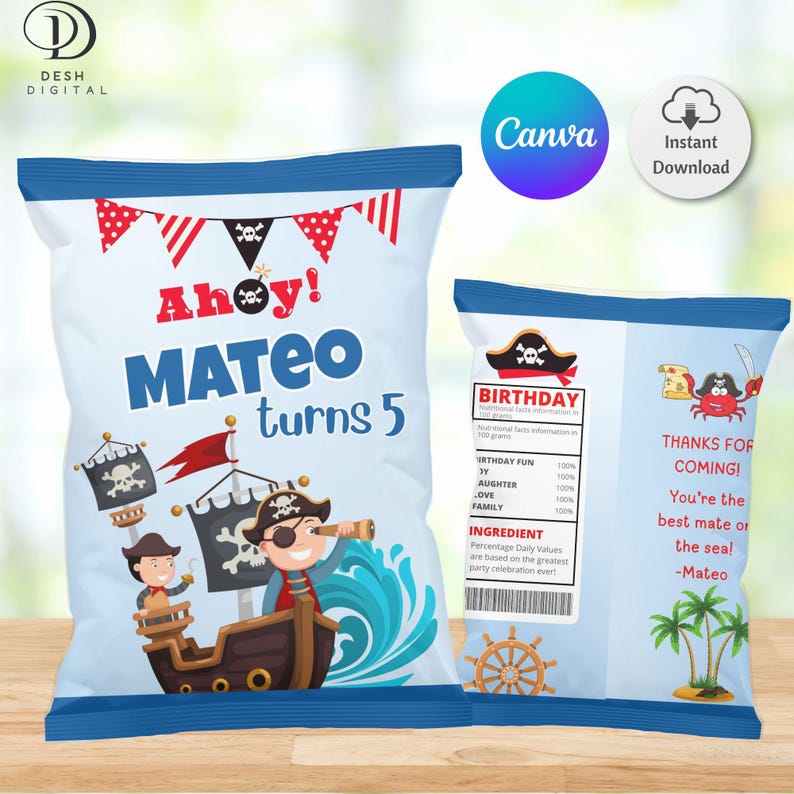 Editable Pirate Birthday Chip Bag Wrapper (digital Download) - Etsy
