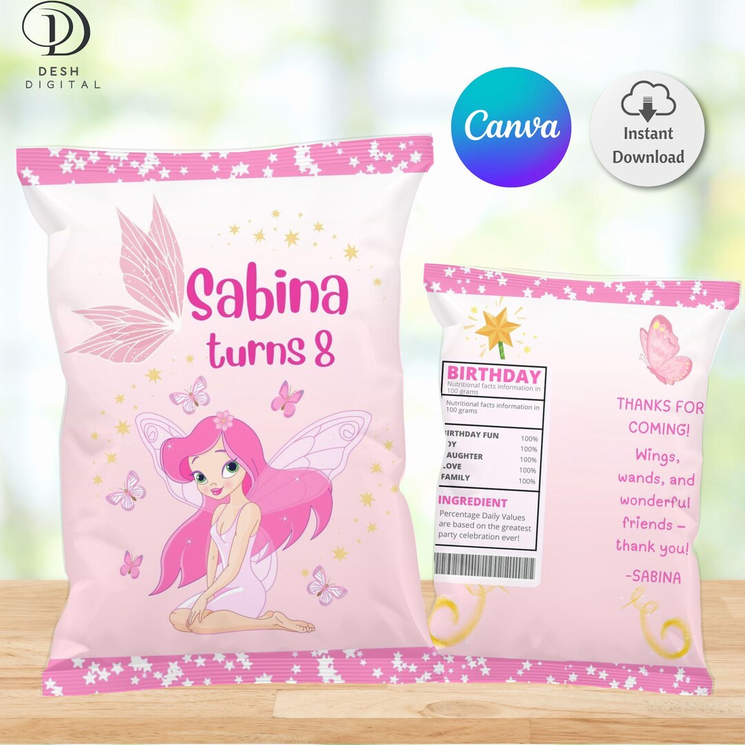 Editable Fairy Birthday Chip Bag, Fairy Chip Bag, Chip Bag Wrapper, Party Decor, Party Chip Bag ...