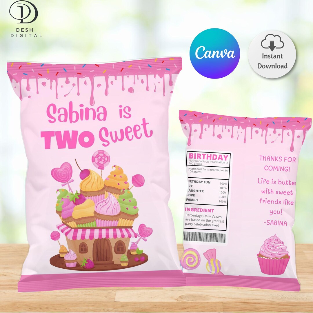 Two-sweet Birthday Chip Bag Template: Candyland Party Favor (canva ...