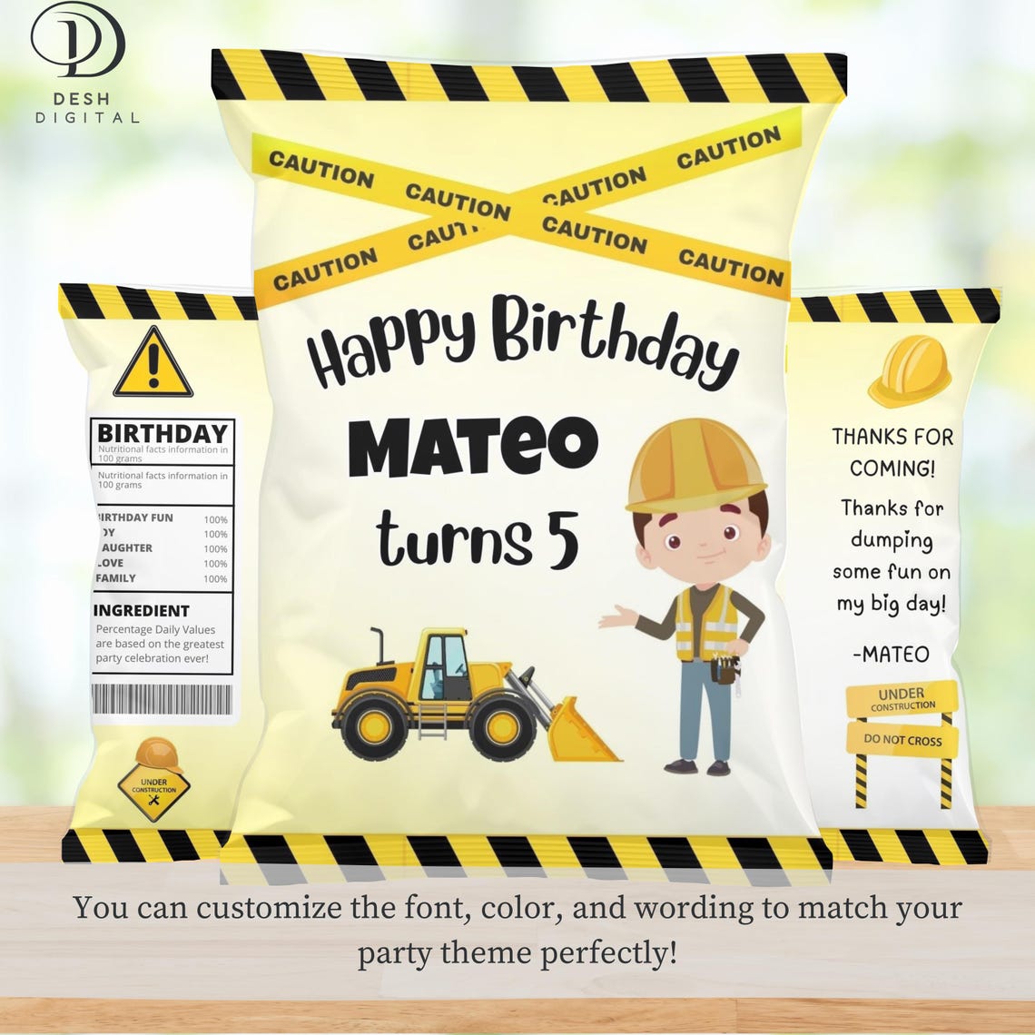 Editable Construction Chip Bag, Construction Birthday Chip Bag ...