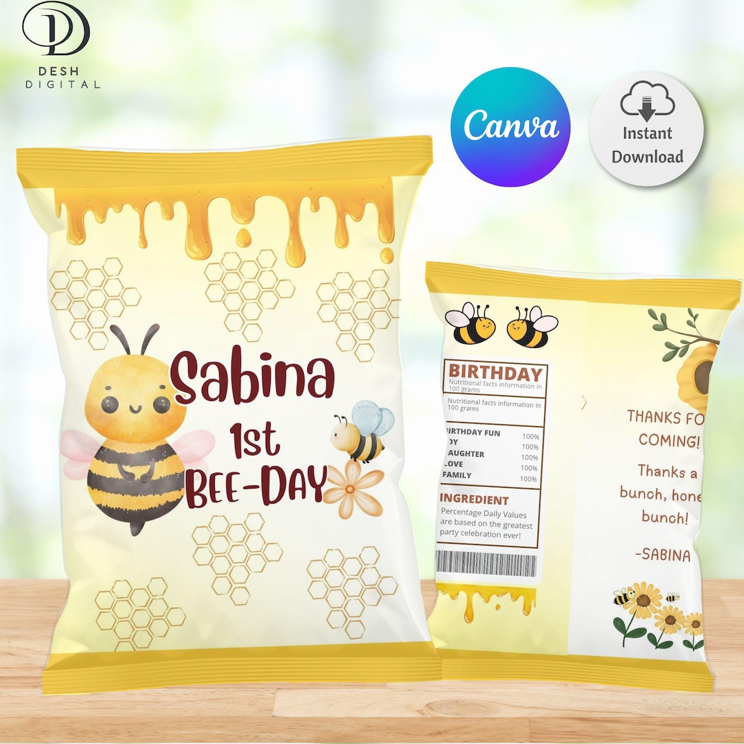 Editable Bee Chip Bag Label Template, First Bee Day Party Favors, Bee ...
