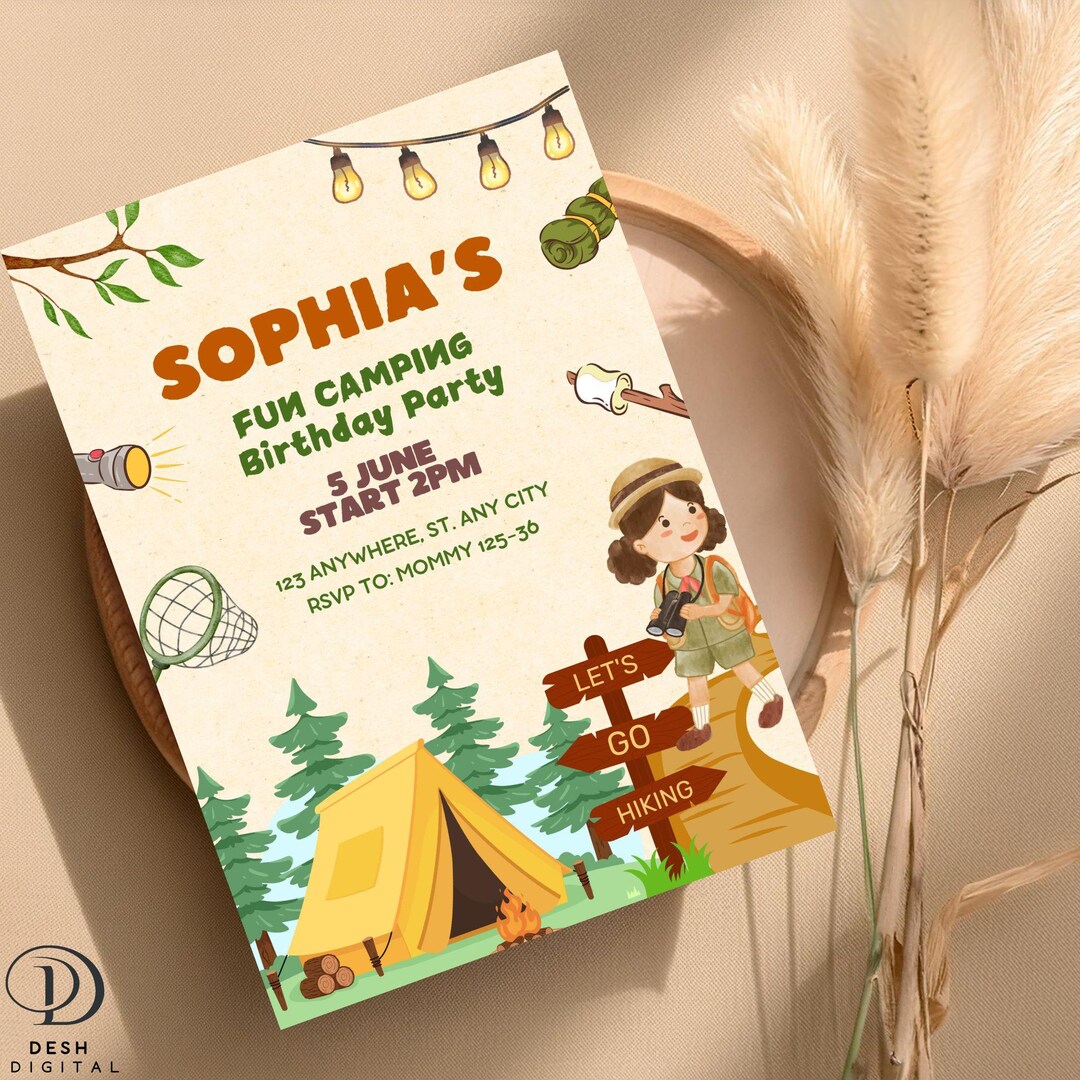 Camping Birthday Invitation Template, Campers Party, Camping Parties ...