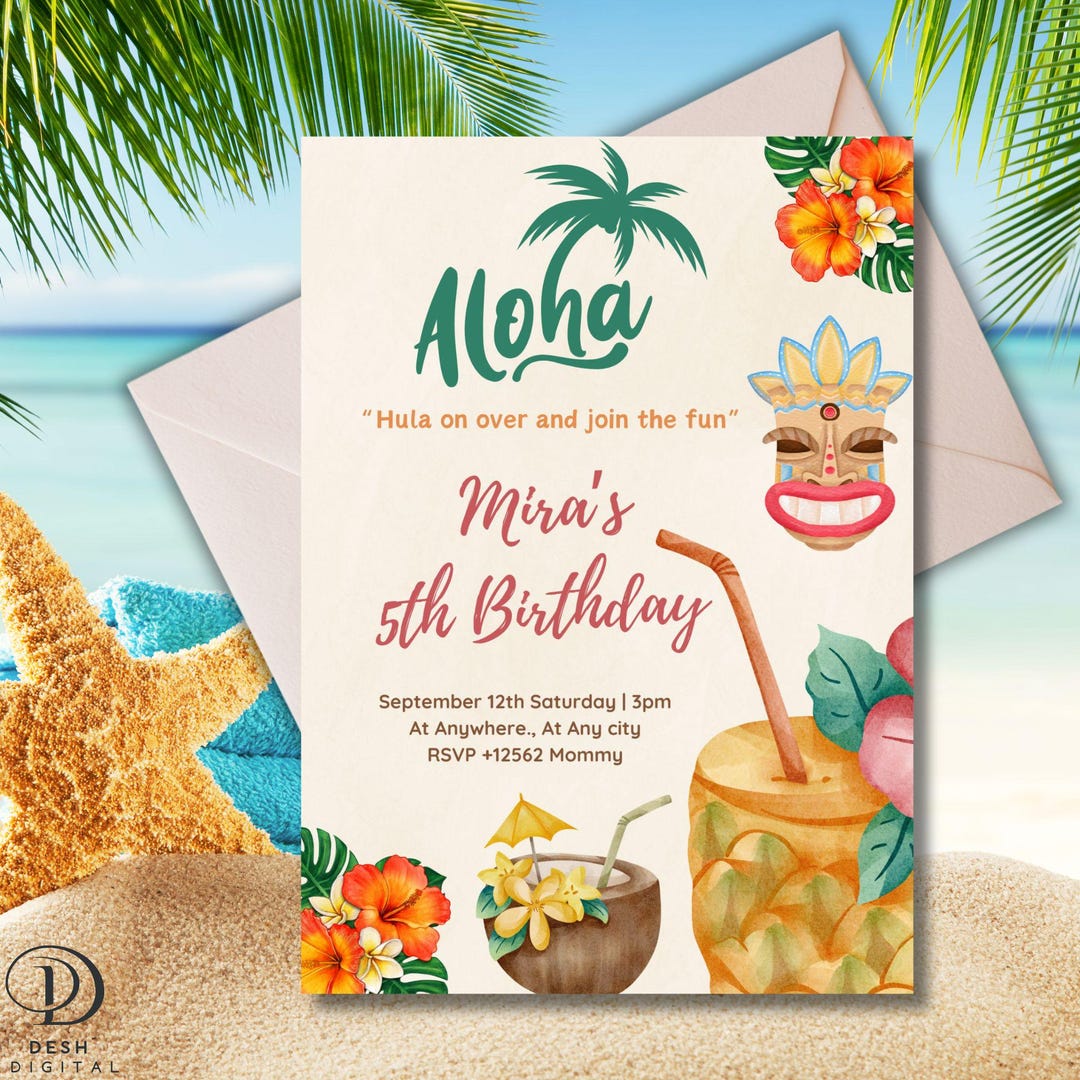 Hawaiian Theme Birthday Party Invitation Template, Luau Birthday ...