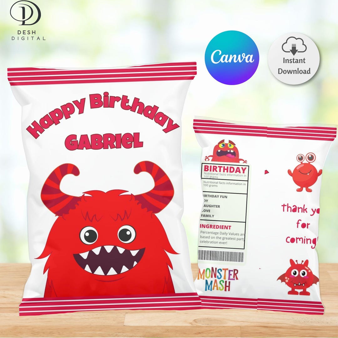 Editable Monster Birthday Chip Bag: Printable Party Favor (canva) - Etsy