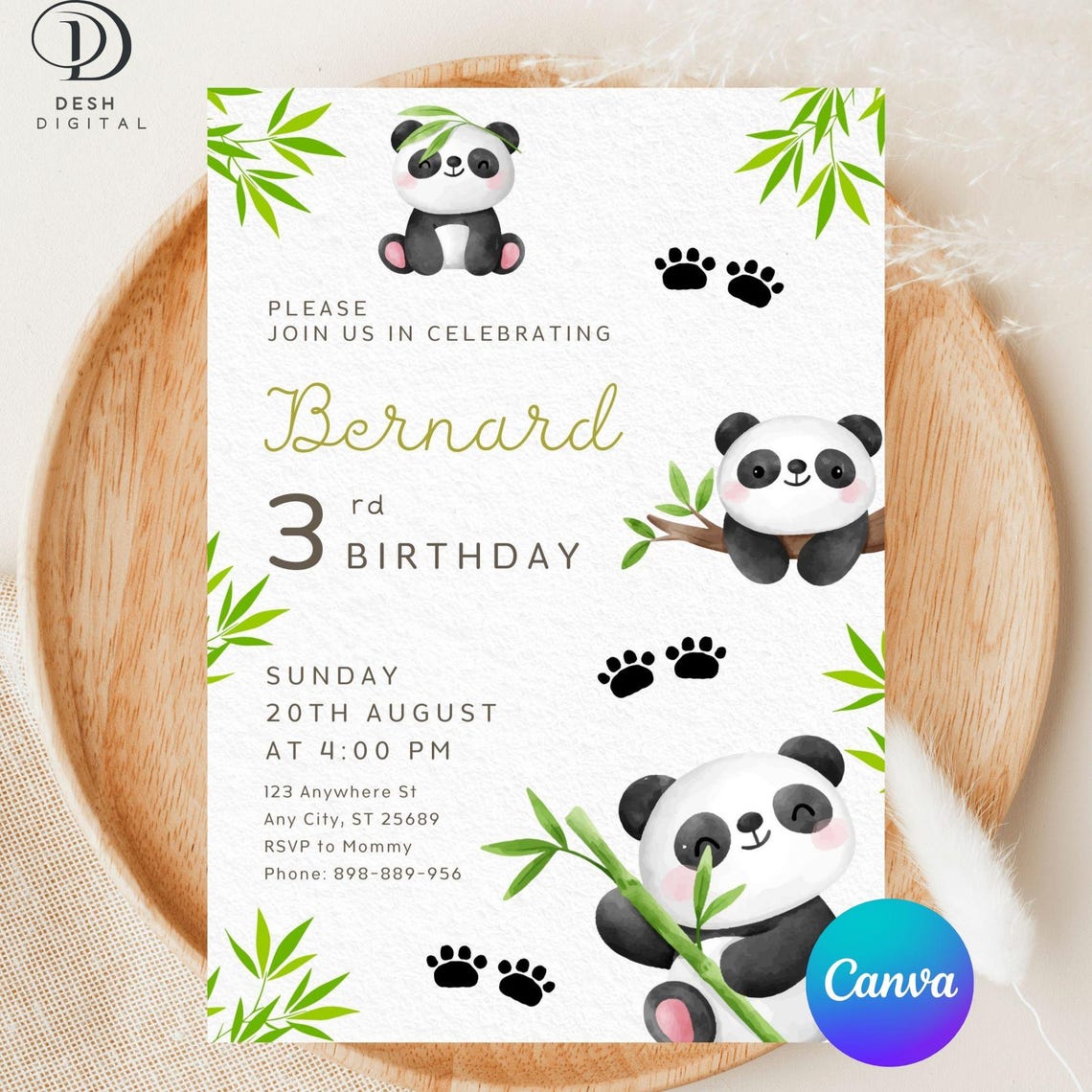 Editable Panda Birthday Invitation, Panda Birthday Invitation, Panda ...