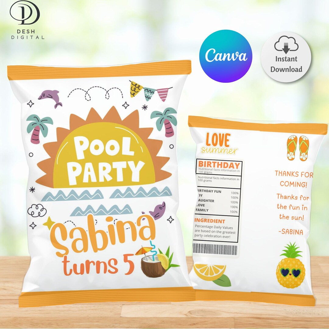 Editable Pool Party Chip Bag, Pool Chip Bag, Pool Party, Snack Bag ...