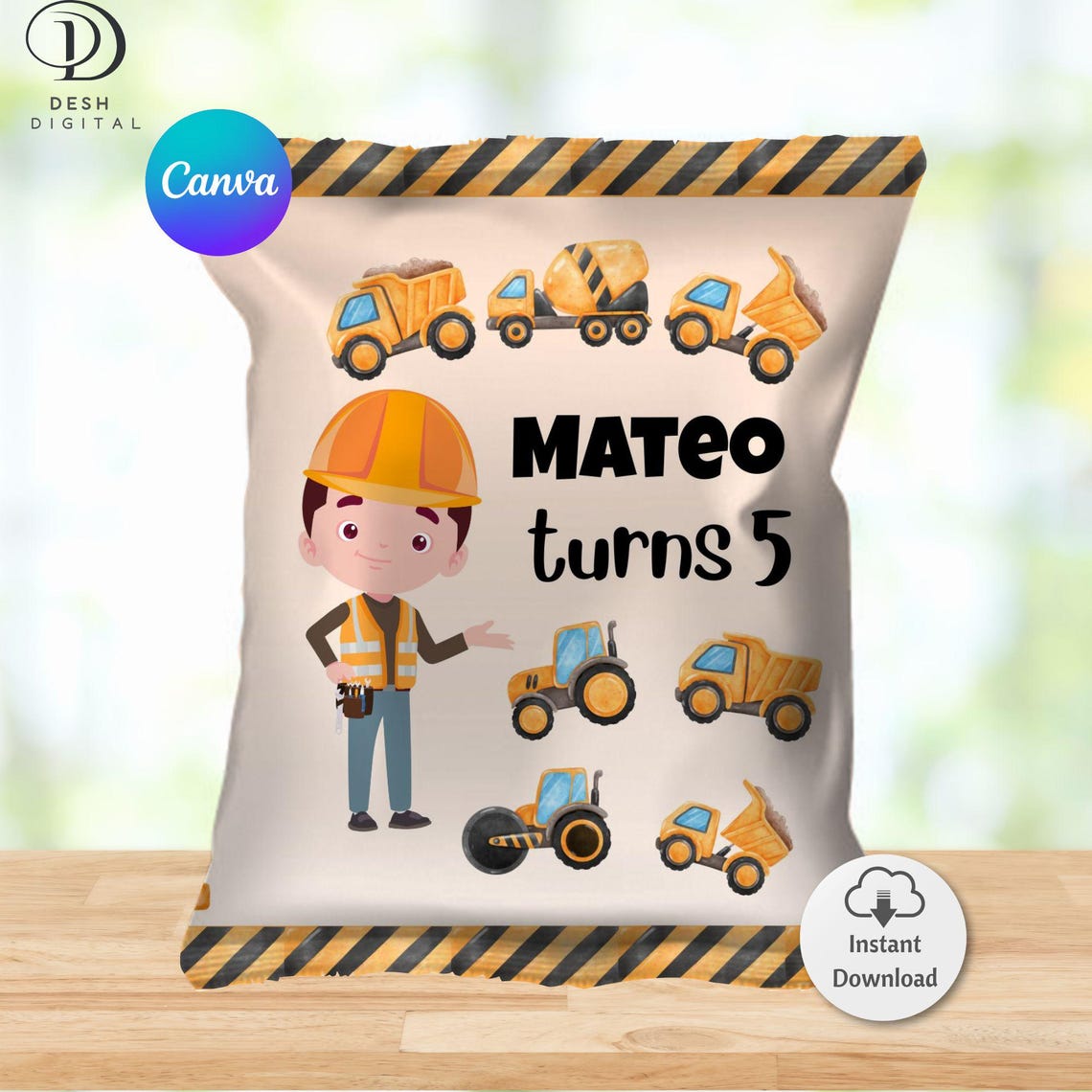 Editable Construction Chip Bag, Construction Birthday Chip Bag ...