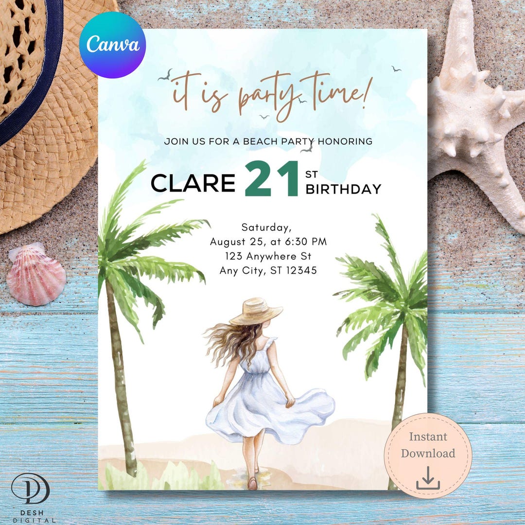 Editable Beach Party Invitation Template, Palm Party Invitation, Summer ...