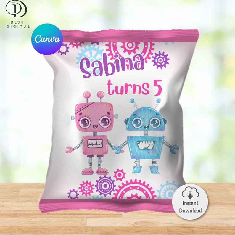 Robot Birthday Chip Bag: Pink Futuristic Party Favor (digital Download ...