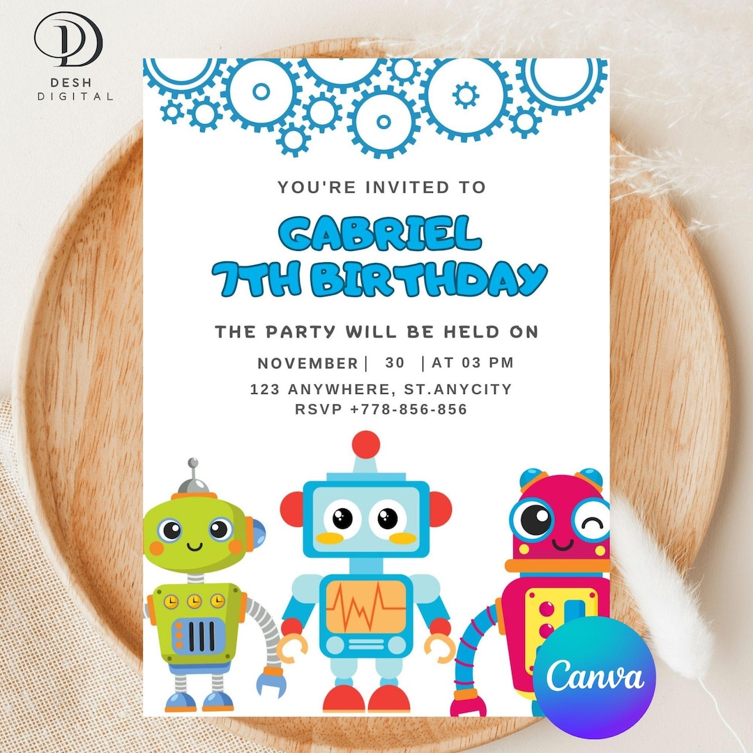 Robot Birthday Invitation, Editable Robot Party Invite, Printable Kids ...