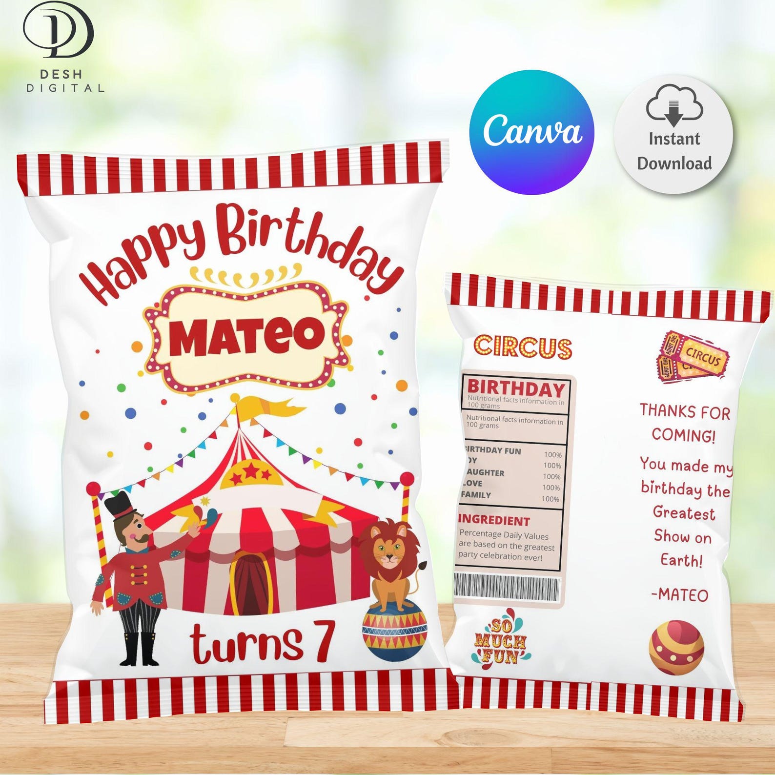 Editable Circus Chip Bag Wrapper,circus Kid Birthday Party,circus Chip ...