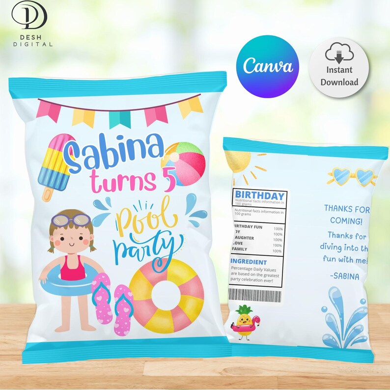 Editable Pool Party Chip Bag, Pool Chip Bag, Pool Party, Snack Bag ...