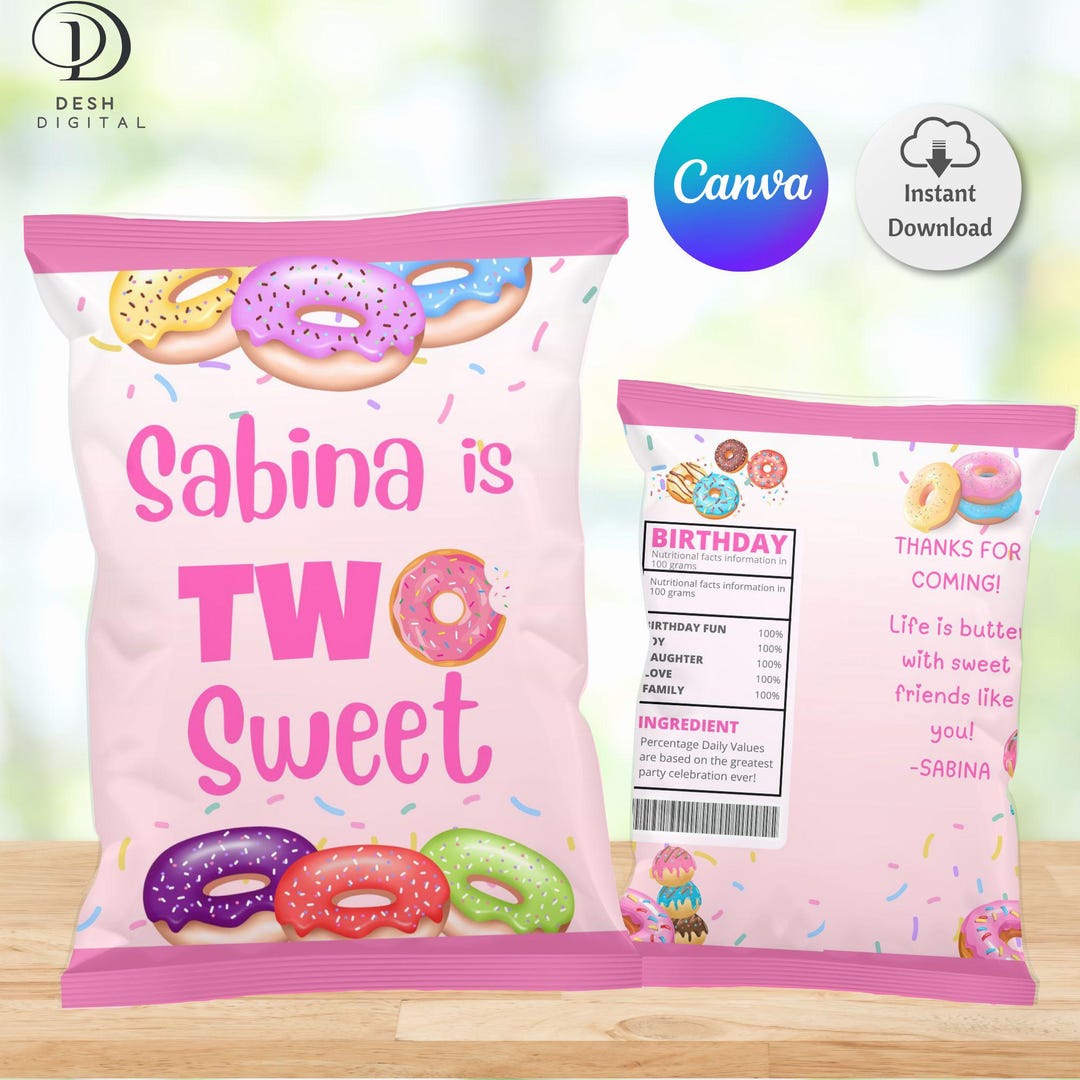 Two-sweet Birthday Chip Bag Template: Editable Candy Favor (digital ...