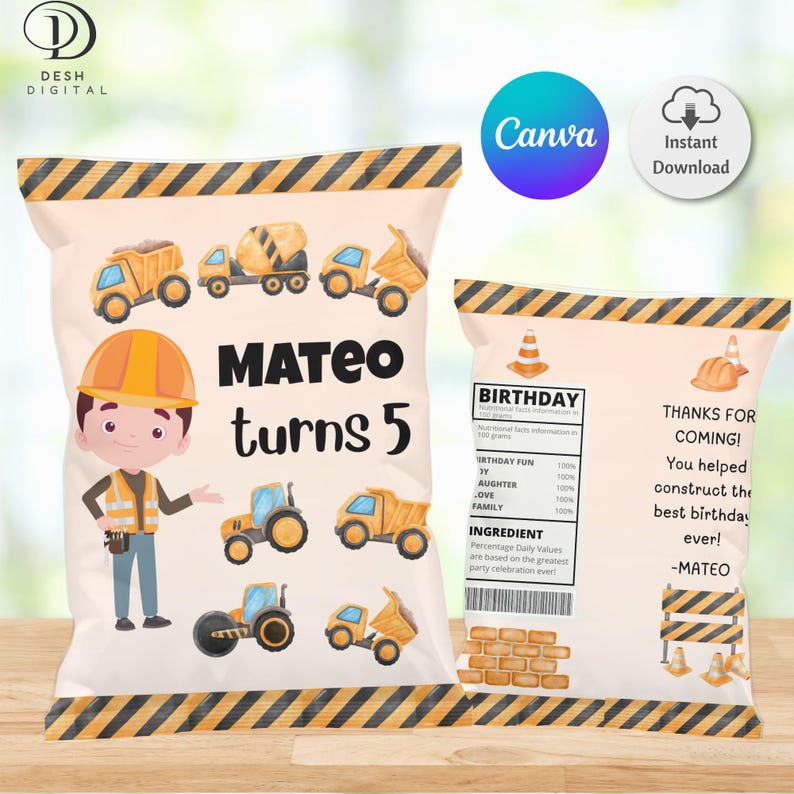 Editable Construction Chip Bag, Construction Birthday Chip Bag ...