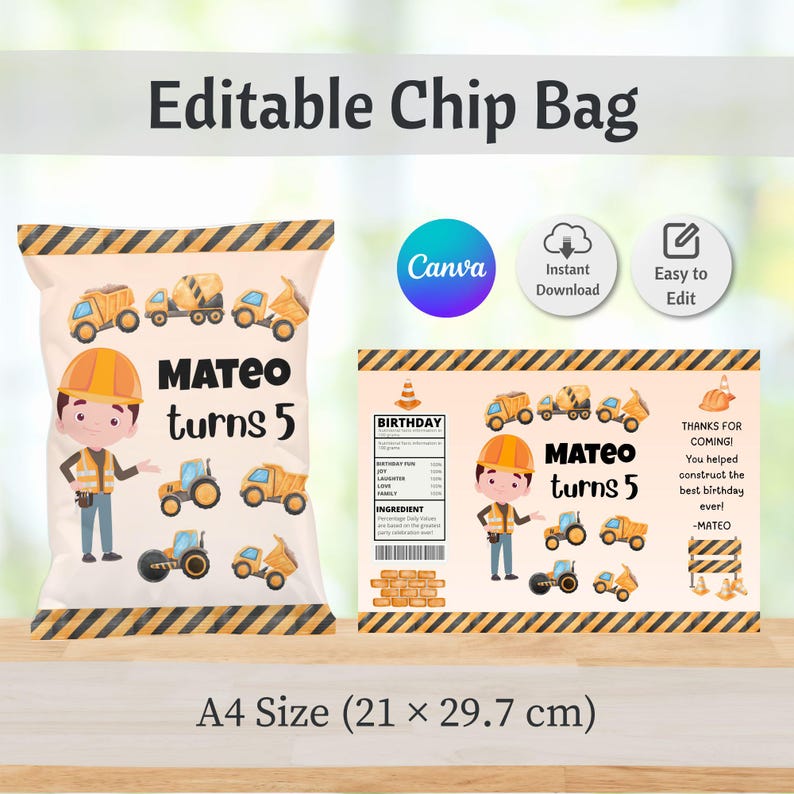 Editable Construction Chip Bag, Construction Birthday Chip Bag ...
