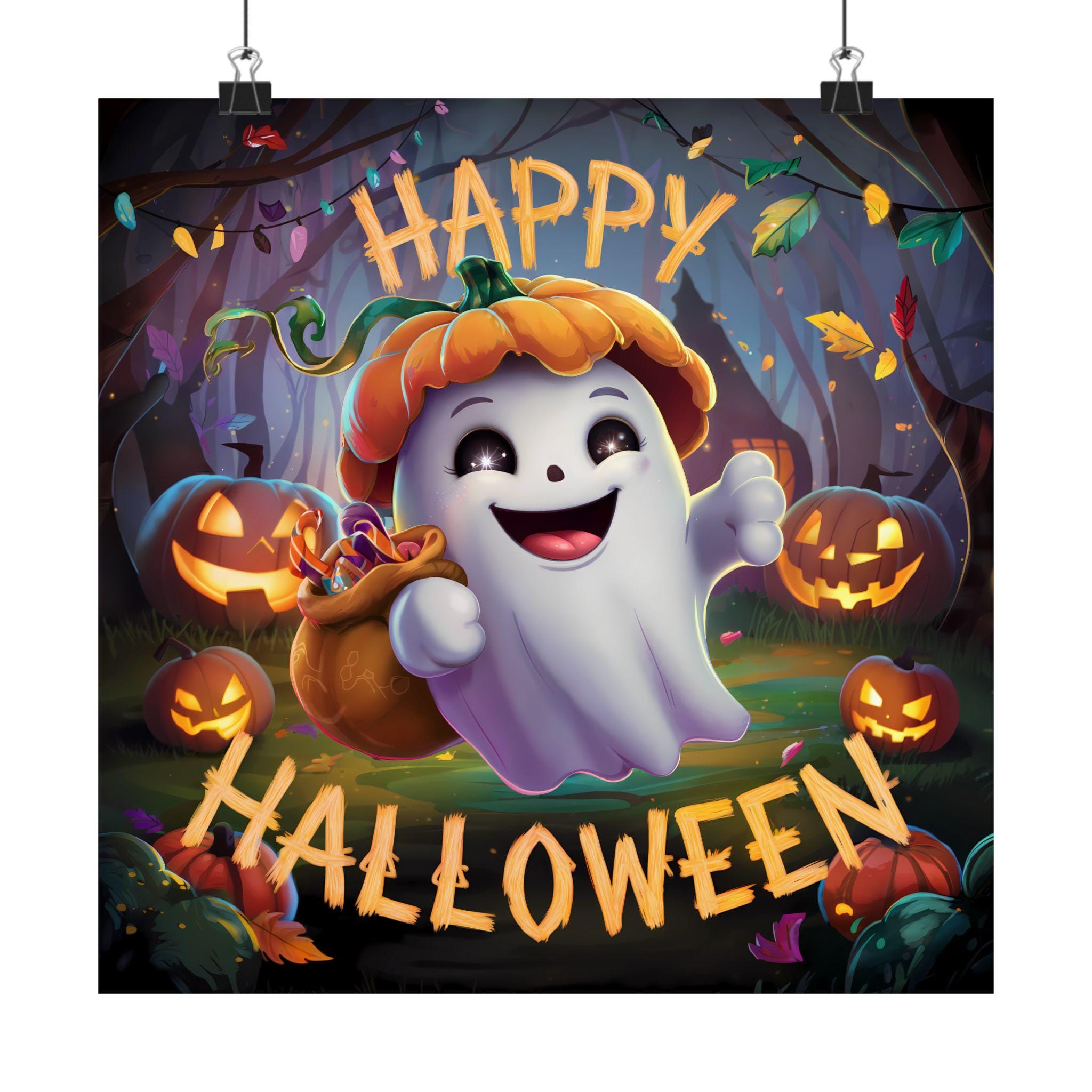 Halloween Ghost Poster - Cute Happy Ghost With Pumpkin and Candy - Fun ...