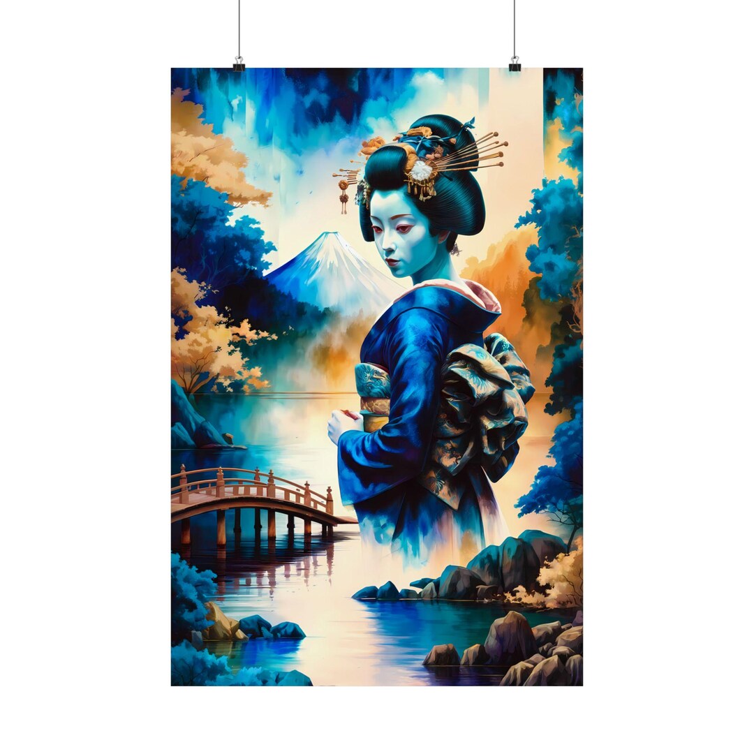 Geisha Art Poster - Japanese Landscape With Mount Fuji and Bridge ...