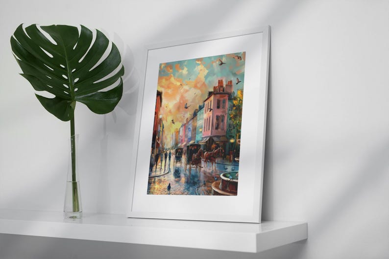 Vintage City Street Scene Poster - Elegant Horse Carriages and ...