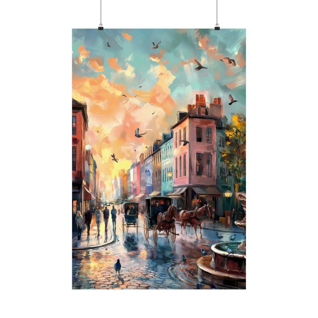Vintage City Street Scene Poster - Elegant Horse Carriages and ...