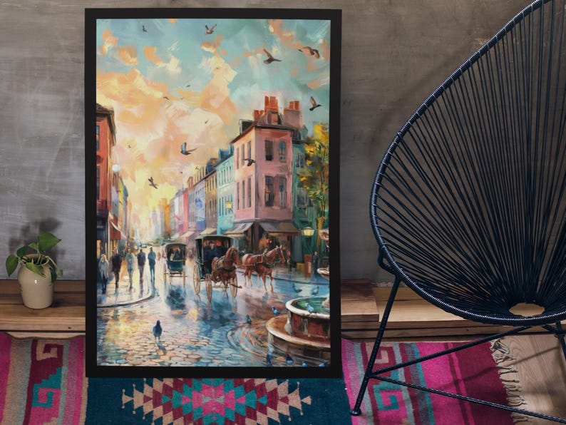 Vintage City Street Scene Poster - Elegant Horse Carriages and ...