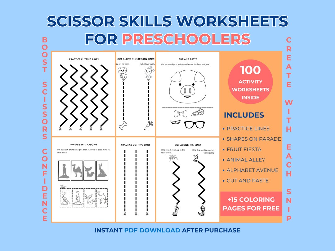 100 Preschool Scissor Skills Worksheets: Printable Educational Cutting ...