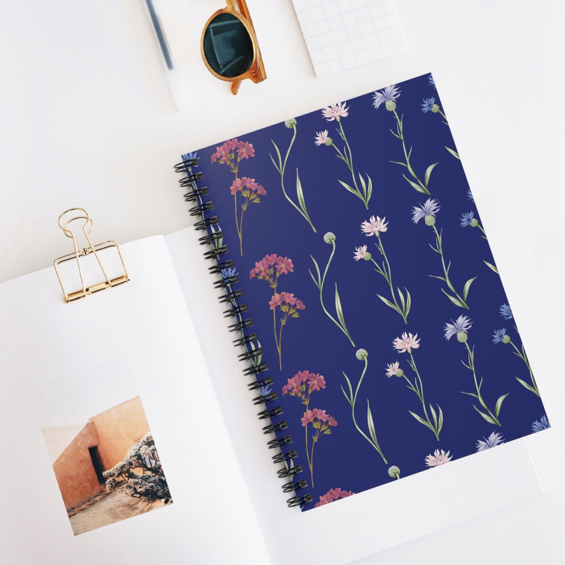 Cute Floral Spiral Notebook Dark Blue Floral Journal 118 Ruled Line ...