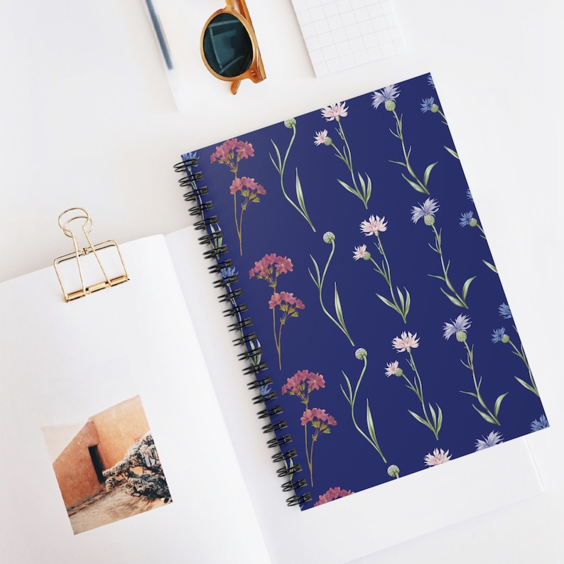 Cute Floral Spiral Notebook Dark Blue Floral Journal 118 Ruled Line ...