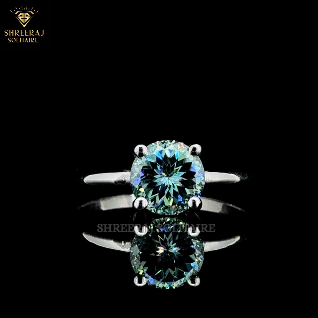 8mm Cyan Blue Diamond Ring | Unique Portuguese Cut Solitaire | Greenish ...