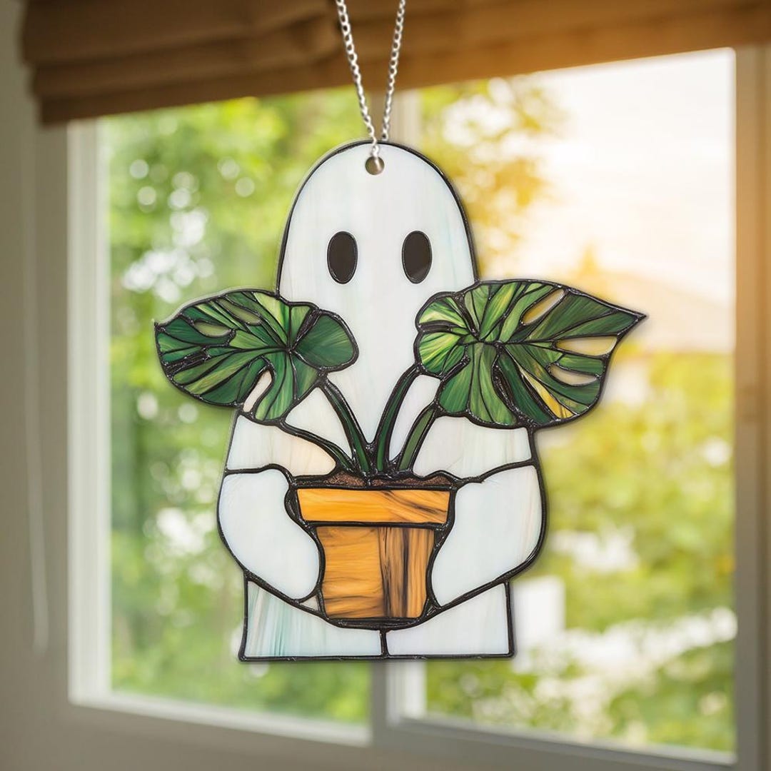 Cute Ghost Plant Suncatcher, Ghost and Monstera Acrylic Suncatcher ...