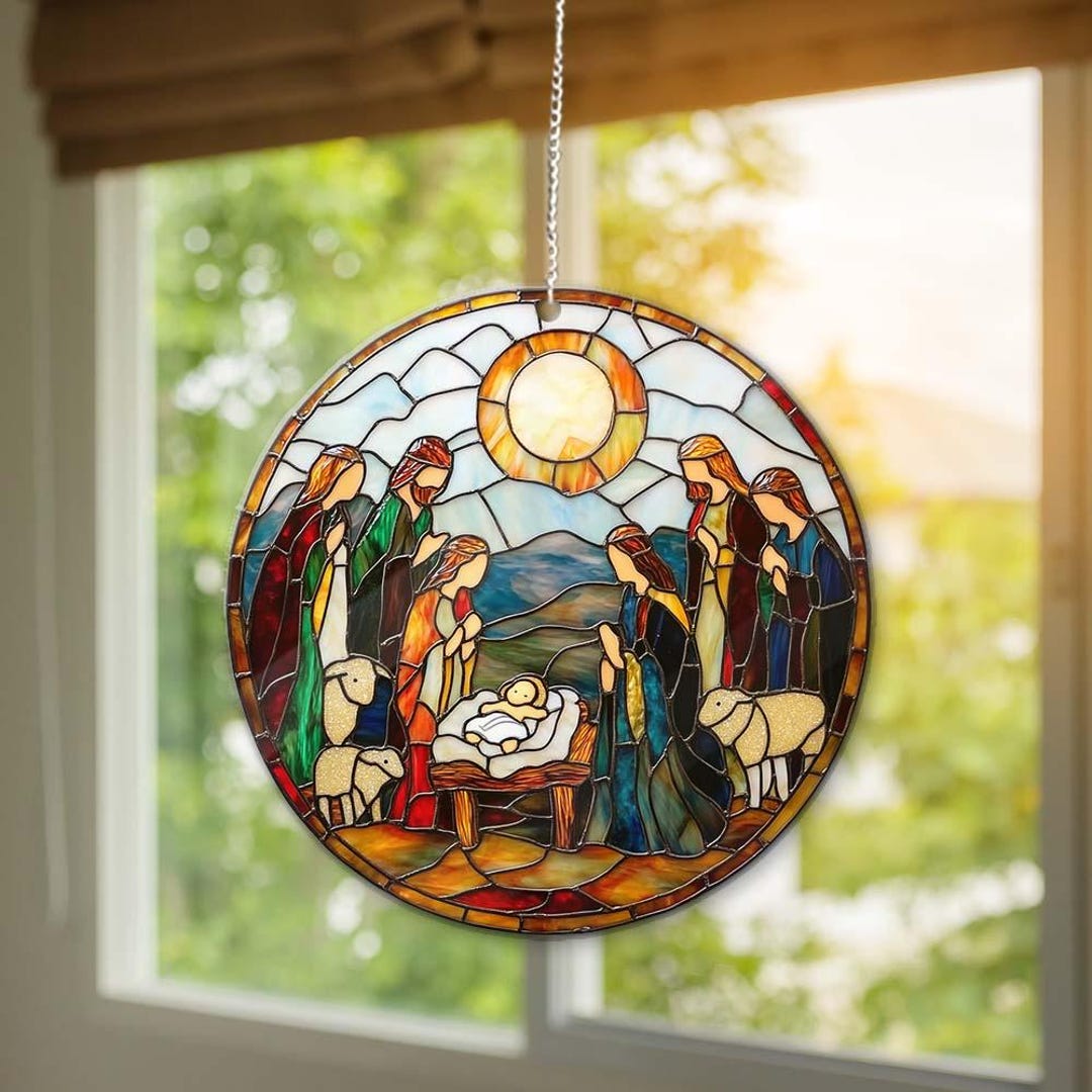 Nativity Scene Hanging Decor, Faux Stained Acrylic Christian Window ...