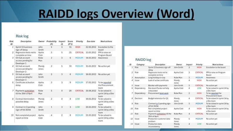 RAIDD Log, Risk, Assumption, Issue, Dependency, Decision - 3 Formats - Etsy