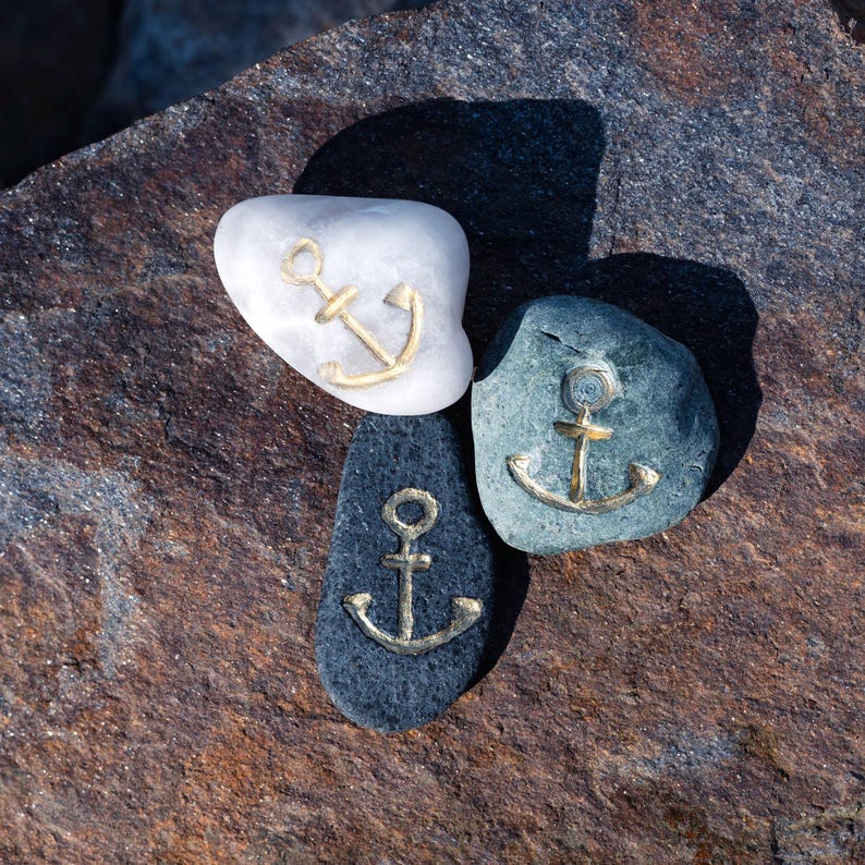 Hand-carved Anchor Stone With Gold Paint - Unique Nautical Beach Decor ...