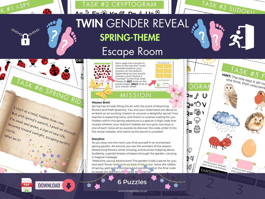Twin Gender Reveal 6-puzzle Print and Go Escape Room With Interactive ...