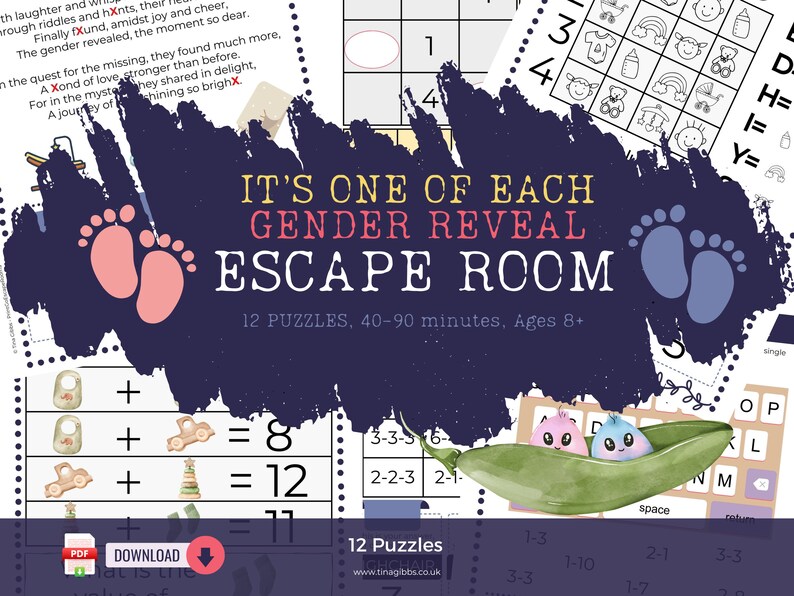 Twin Gender Reveal "it's One of Each" - 12-puzzle Print and Go Escape ...