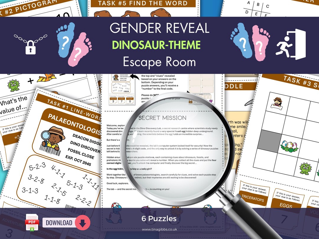 Dinosaur-themed Gender Reveal Escape Room, 6-puzzle Print & Go (PDF) - Etsy