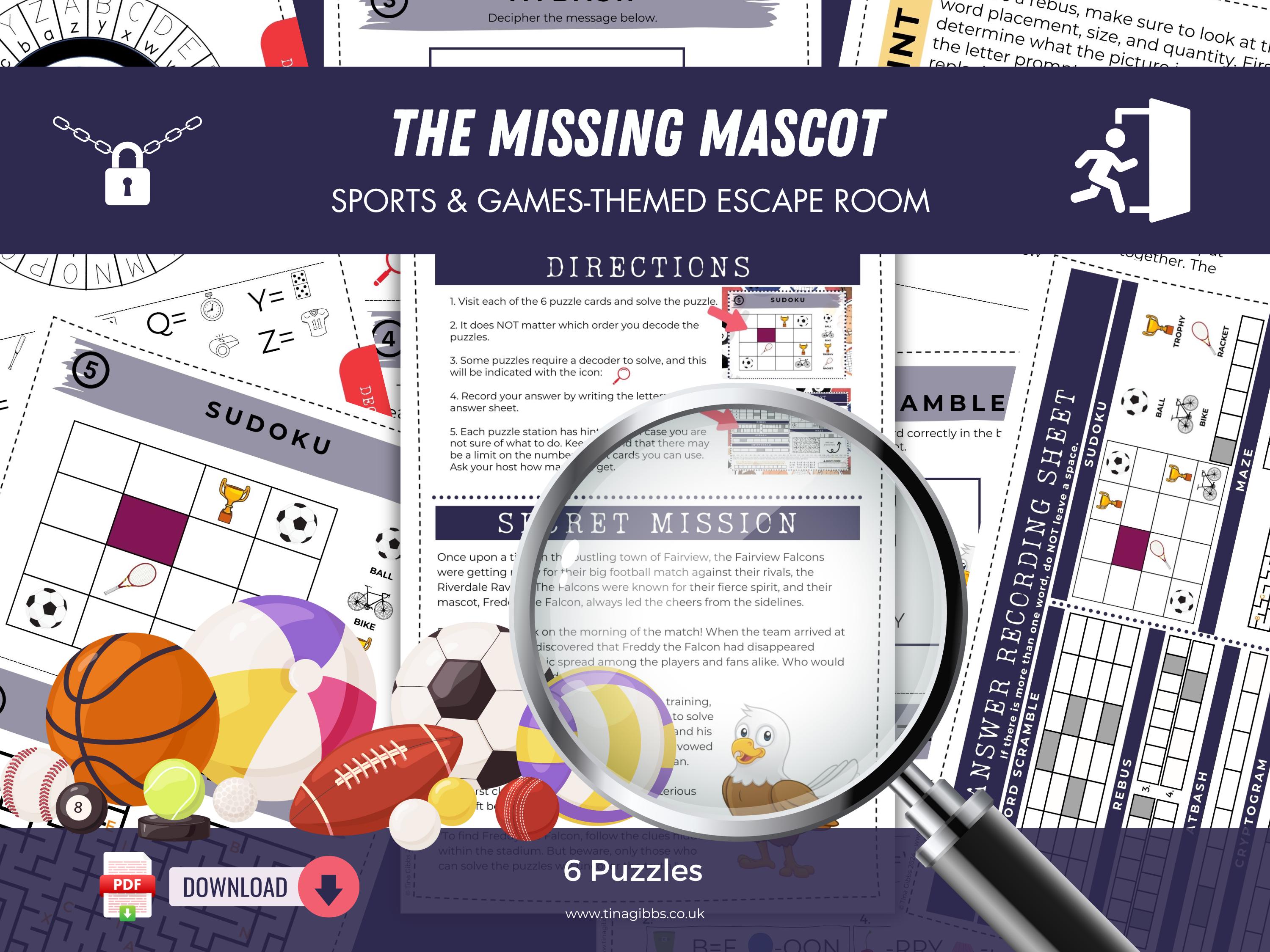 The Missing Mascot Sports Escape Room - 6-puzzle Print and Go Escape ...