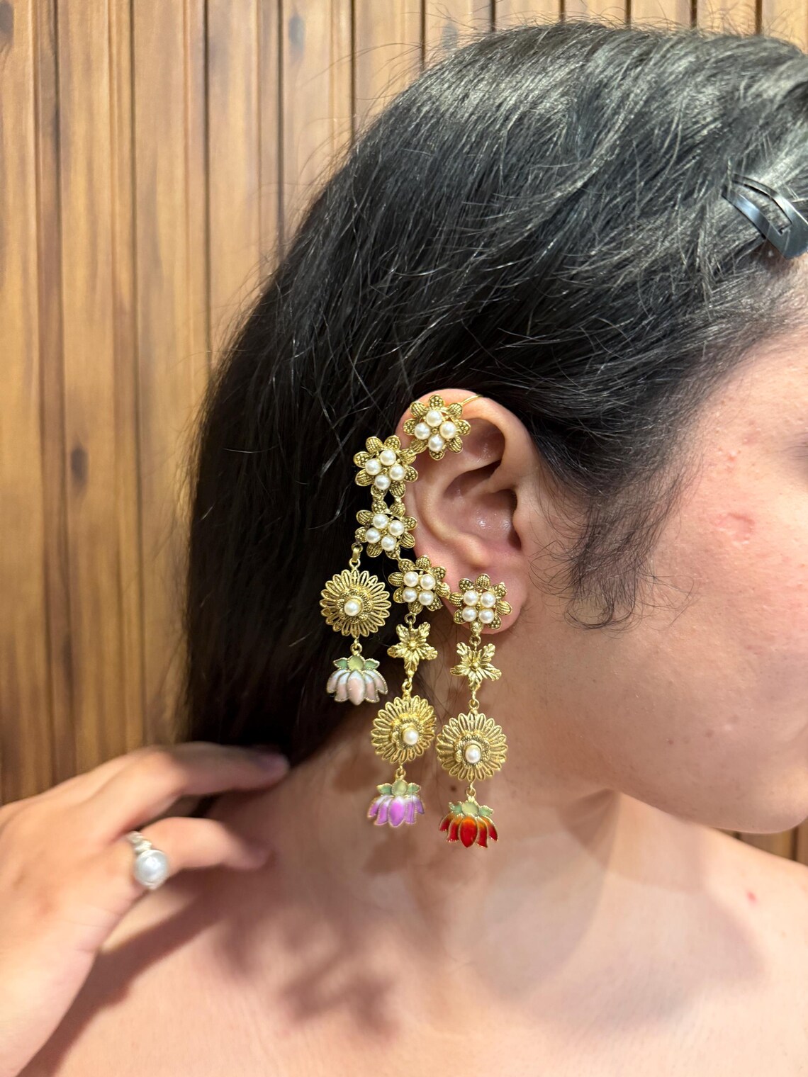 Handcrafted Gold Floral Pearl Ear Cuff • Lotus Dangle Ear Wrap - Etsy