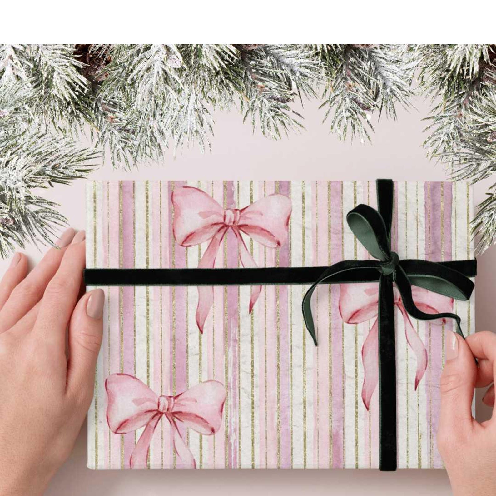 Pink and Gold Pinstripe With Bows Wrapping Paper, Coquette Gift Wrap ...