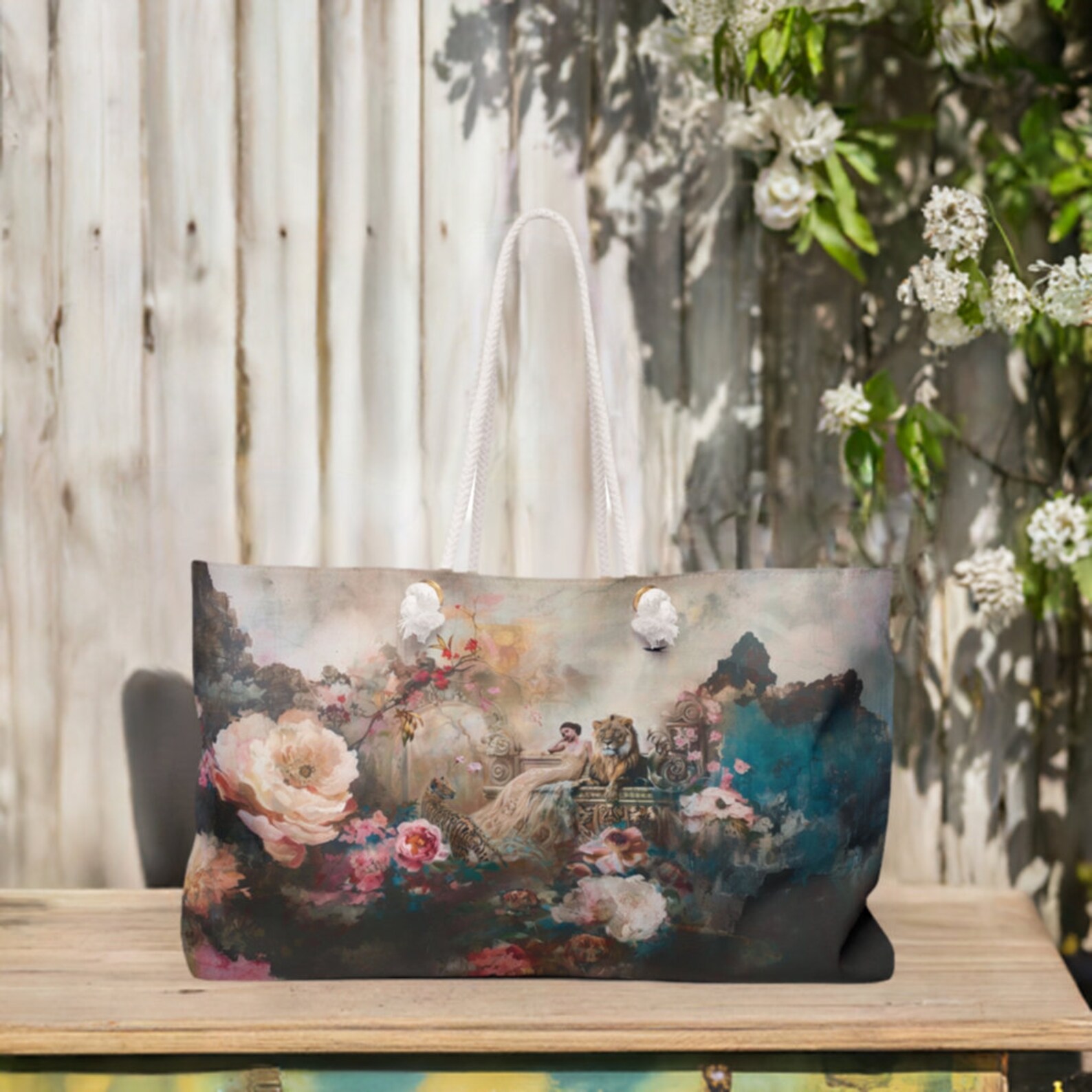 Feminine Day Bag in Dreamy Floral Rococo Romantic Landscape With a Lion ...