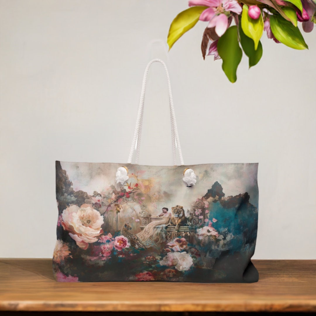 Feminine Day Bag in Dreamy Floral Rococo Romantic Landscape With a Lion ...