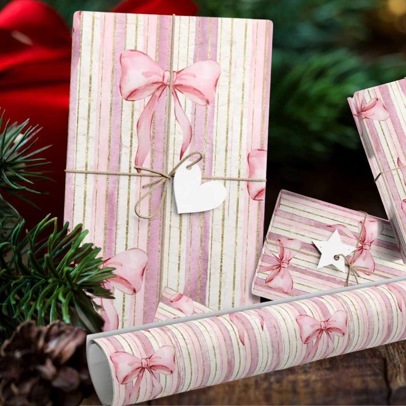 Pink and Gold Pinstripe With Bows Wrapping Paper, Coquette Gift Wrap ...