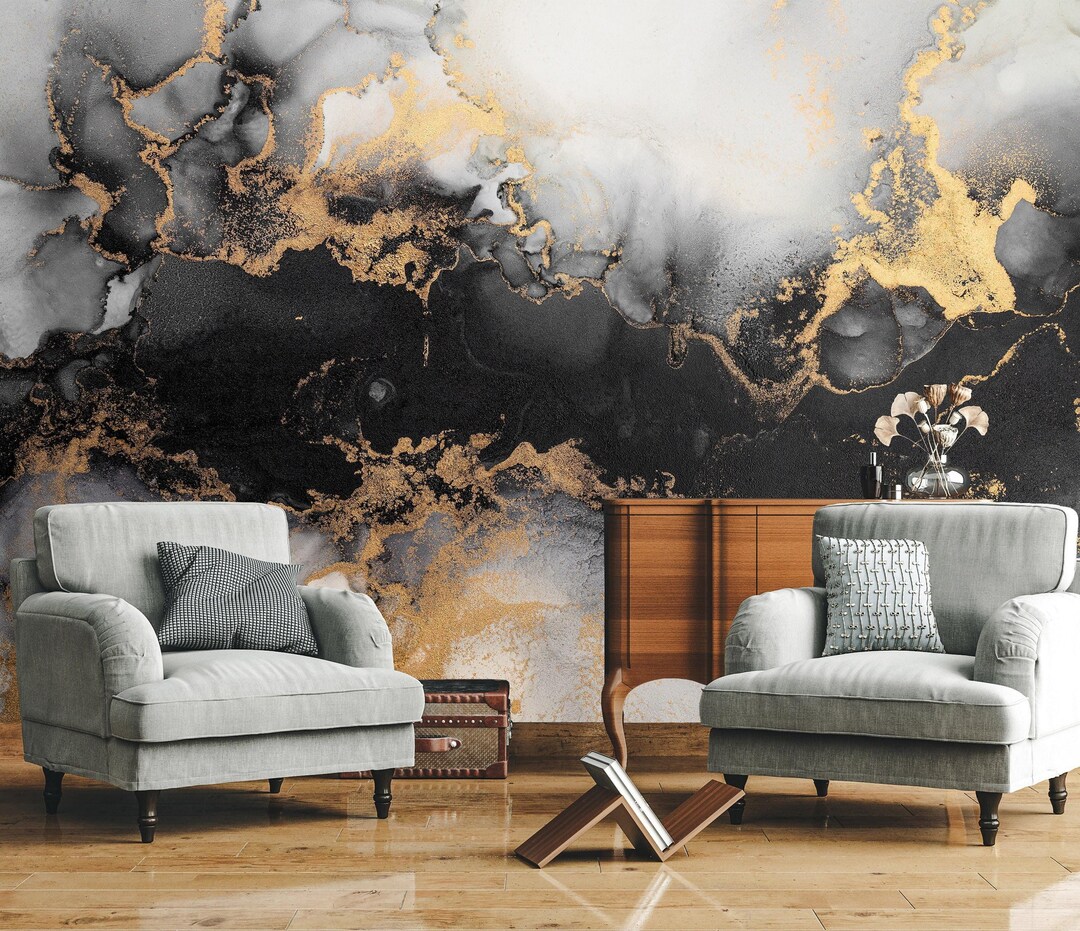 Modern Black Marble Wallpaper | Luxury Gold Lines Mural | Smoke Liquid ...