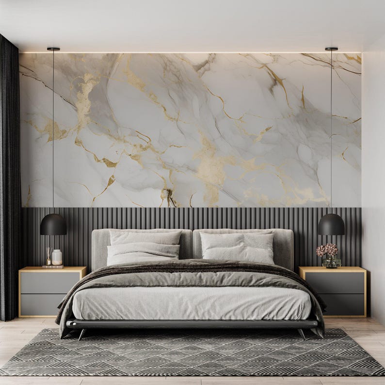 White Gold Marble Wallpaper | Modern Abstract Gold Marble Mural ...